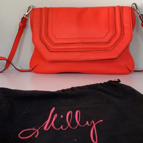 Milly | Bags | Milly Leather Envelope Neon Bright Orange Clutch ...
